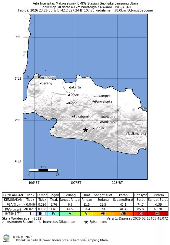 Gempa bumi M 2.0 di darat 43 km baratdaya TANGGAMUS LAMPUNG